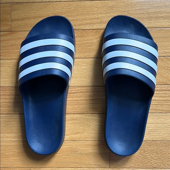 adidas | Shoes | Adidas Navy Blue And White Slide Sandals | Poshmark